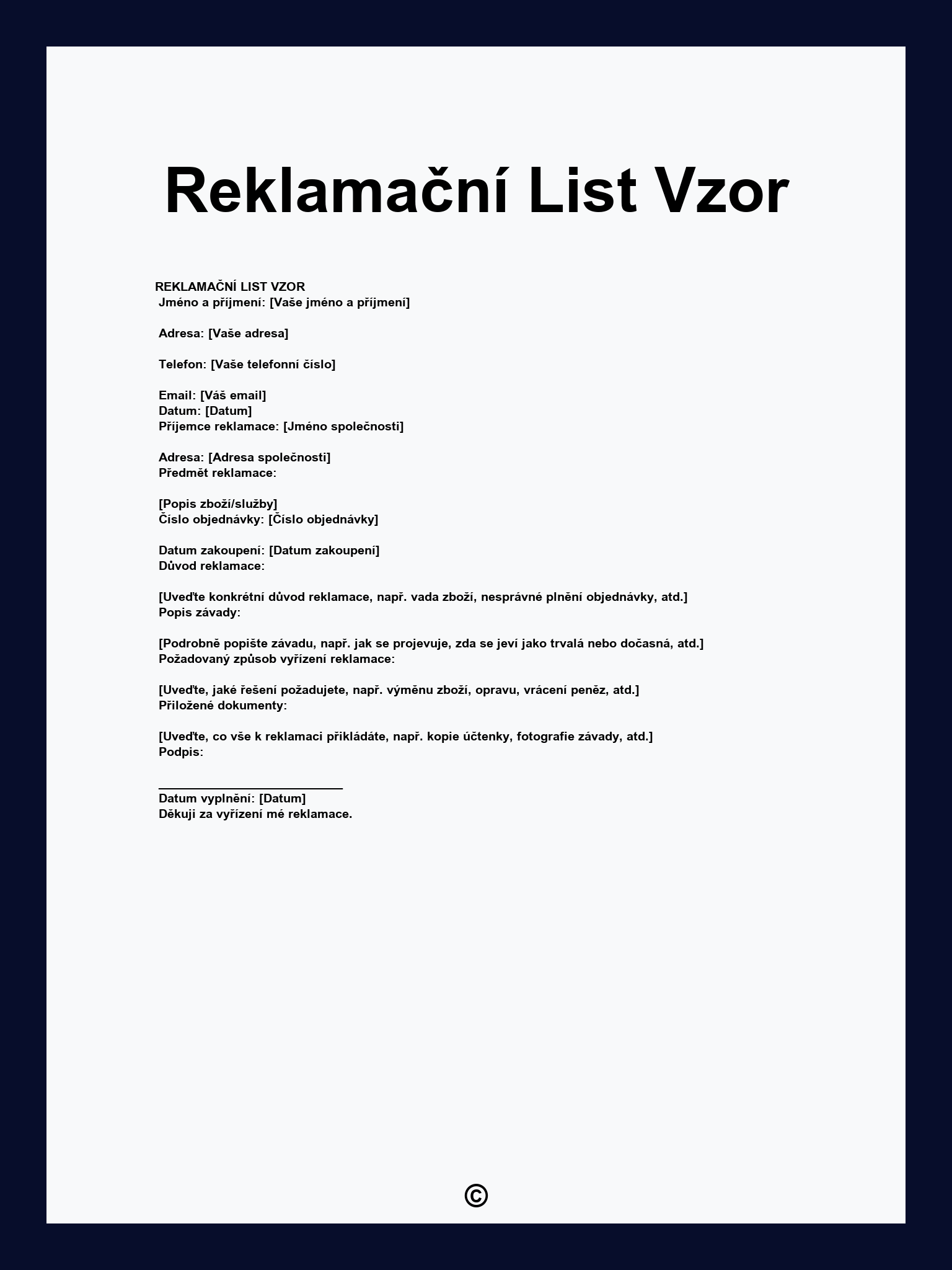 Reklamační List Vzor