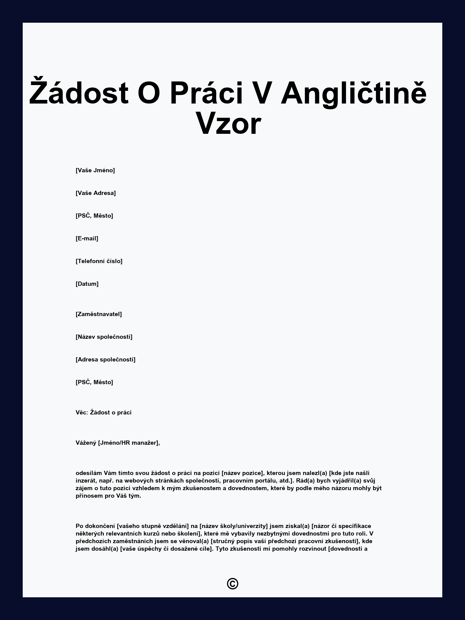 Žádost O Práci V Angličtině Vzor